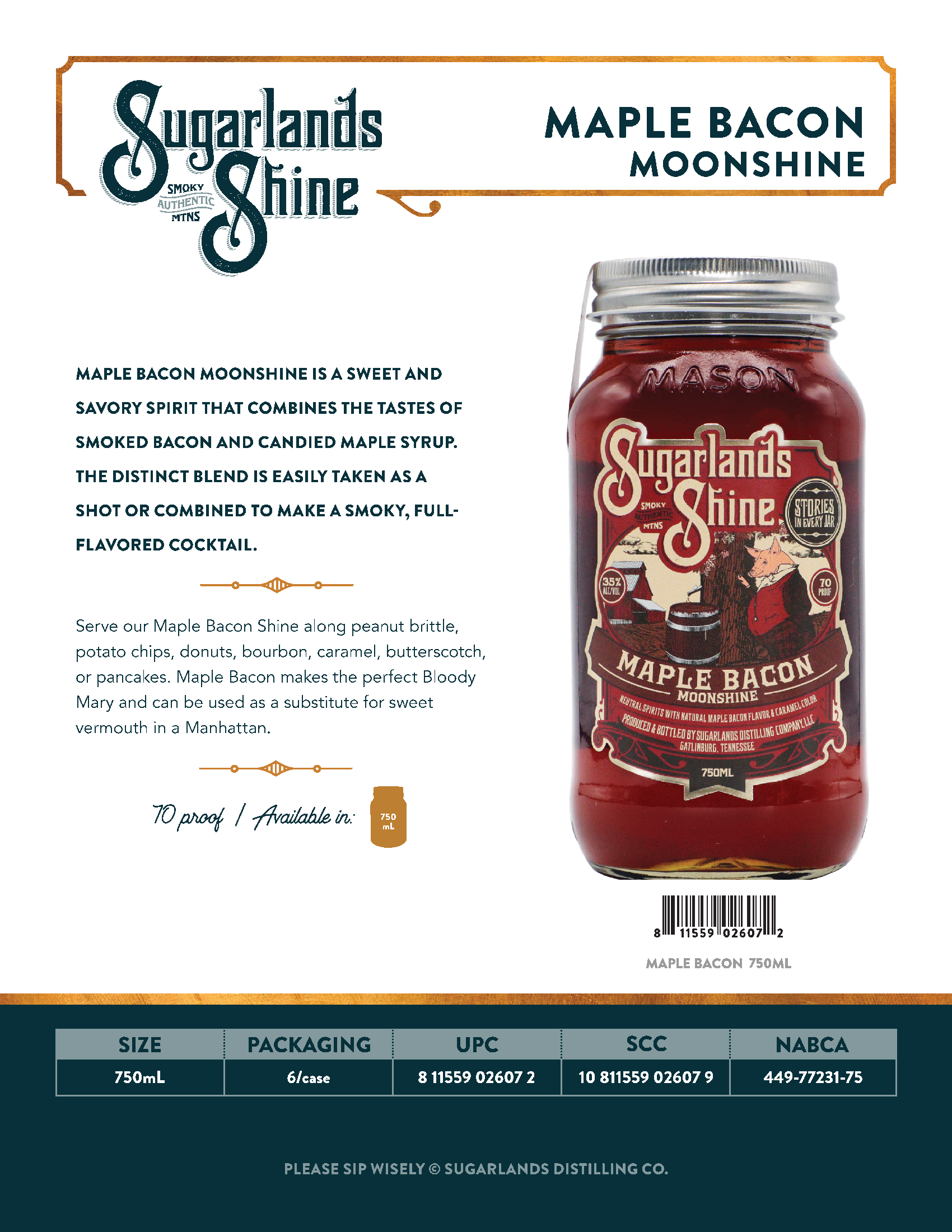Sell Sheet – Maple Bacon Moonshine – Sugarlands Distilling Company