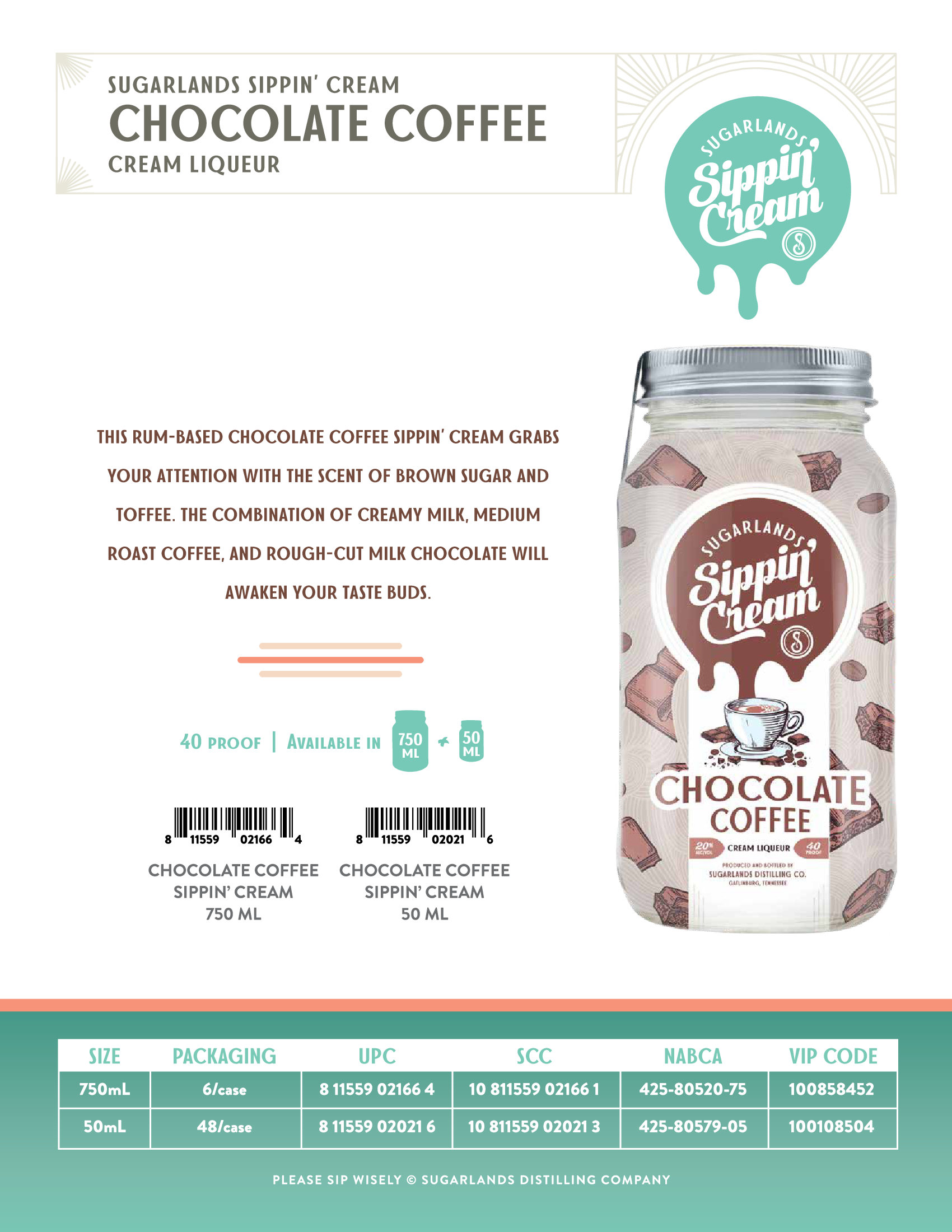 Sell Sheet – Chocolate Coffee Sippin’ Cream – Sugarlands Distilling Company