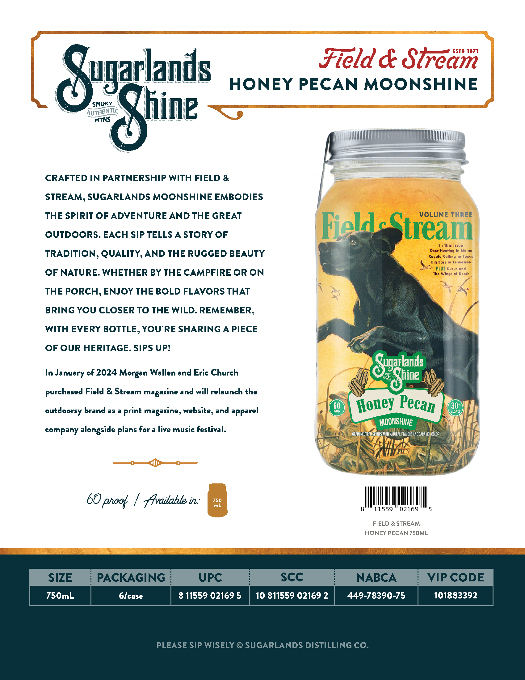 Sell Sheet – Field and Stream Honey Pecan Moonshine – Sugarlands Distilling Company